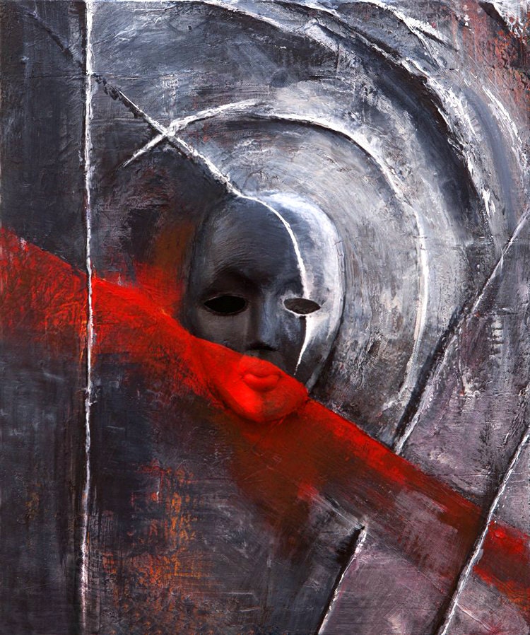 Textured Mask Painting: 3D Red Acrylic Abstract Portrait Art, Modern ...