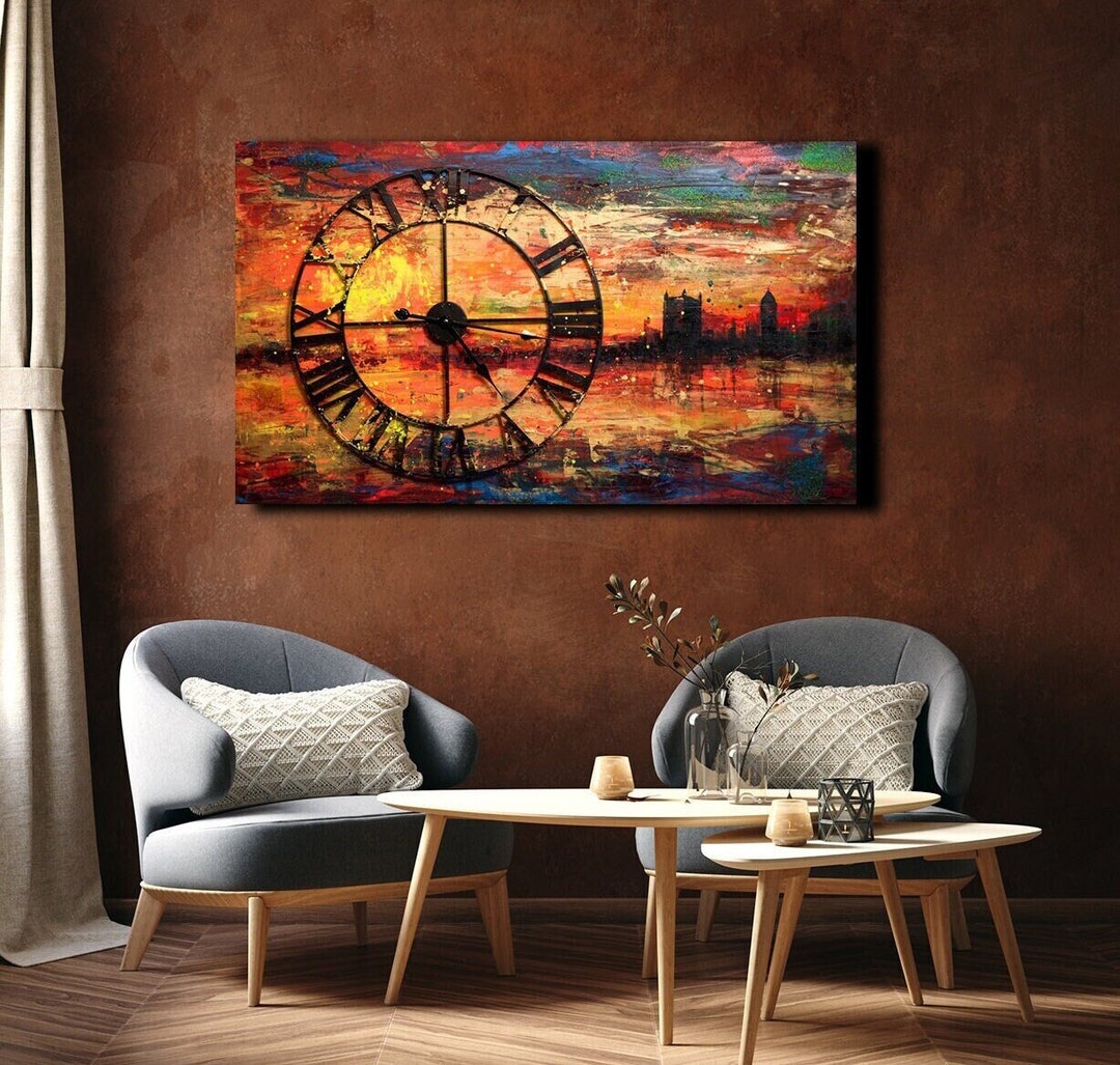 London Clock Art Painting, Wall Clock Unique Painting on Canvas ...
