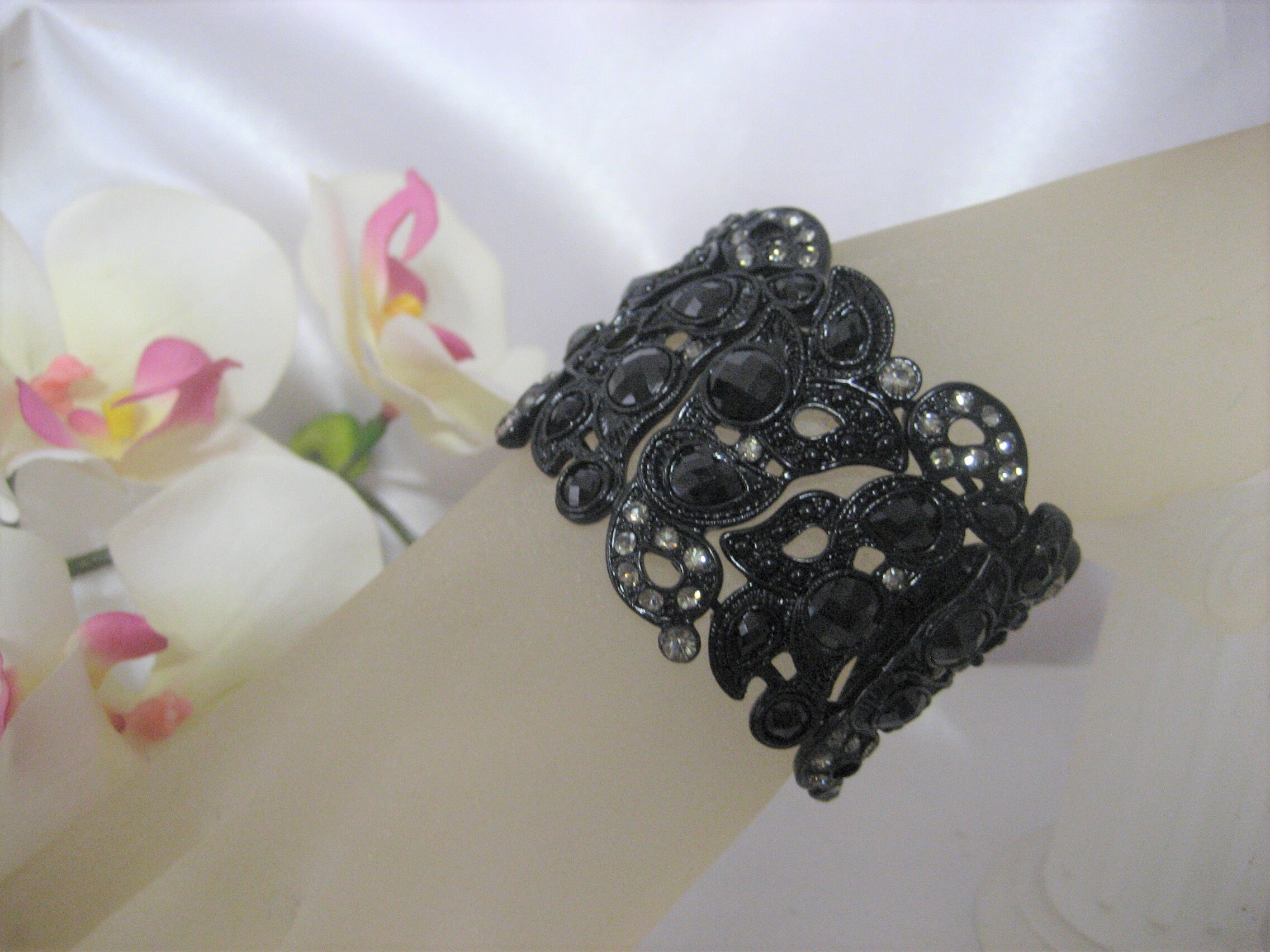 Jet Black Beaded Rhinestone Cuff Bracelet: Prom Wedding Accessory - Etsy
