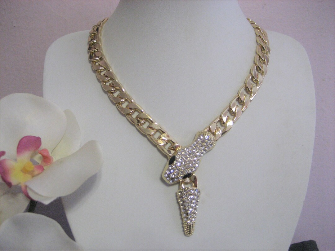 Rhinestone Snake Head & Tail With Green Eyes Chunky Gold Tone Link ...