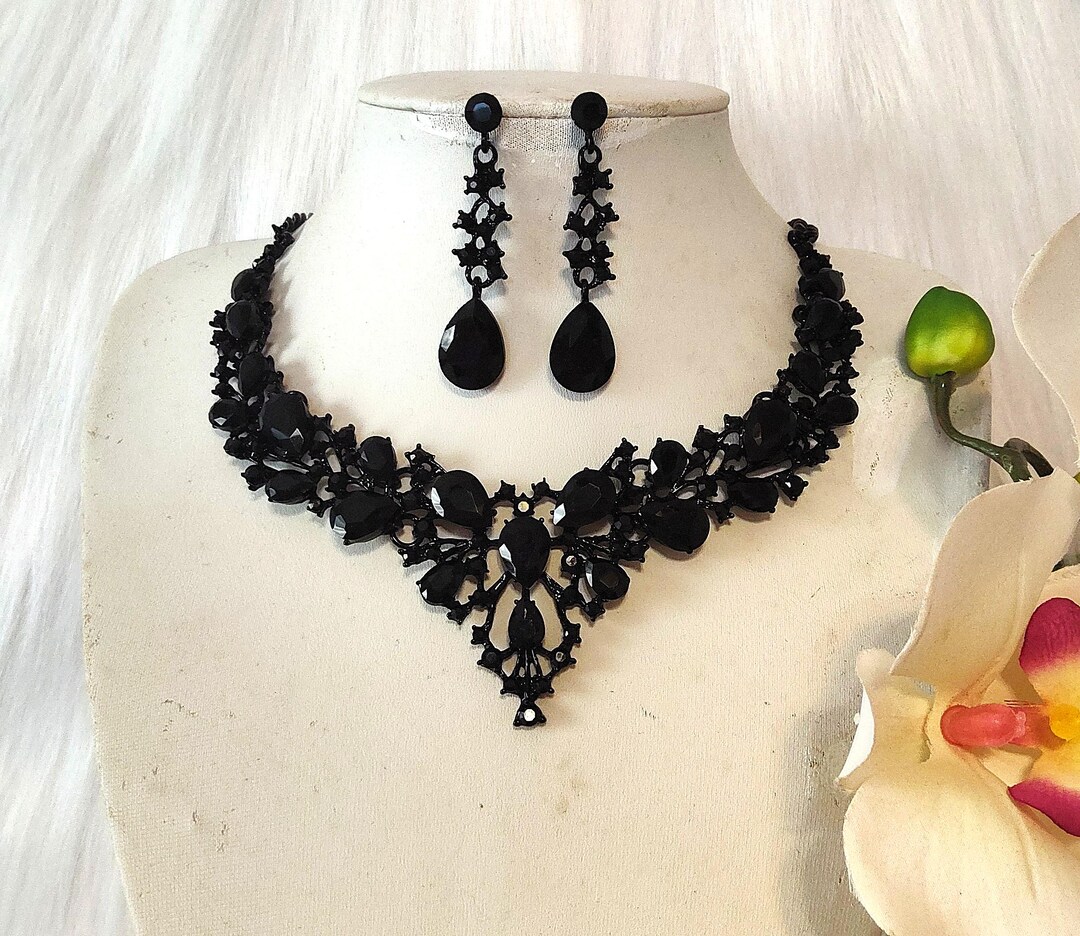 Jet Black Necklace & Earrings Set, Bridal, Wedding Prom Pageant ...