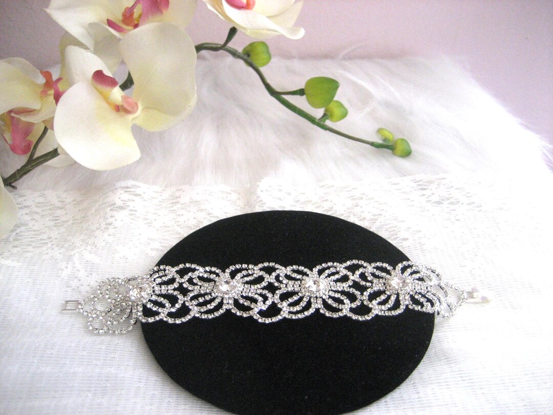 Rhinestone Flower Design Bracelet, Wedding, Bridal, Prom 1 1/2