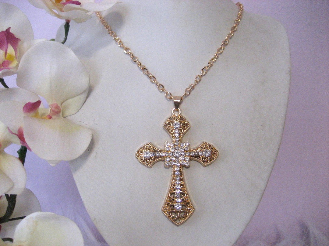 Rhinestone Filigree Cross Large With 26" Adjustable Necklace Gold Tone ...