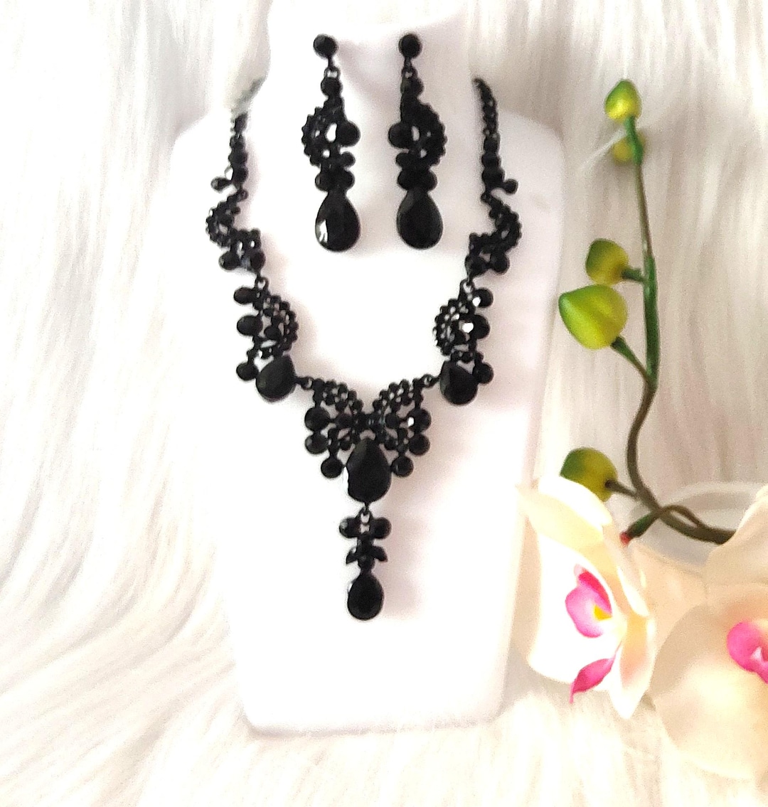 Jet Black Rhinestone Necklace Earrings Set, Bridal, Prom Wedding ...