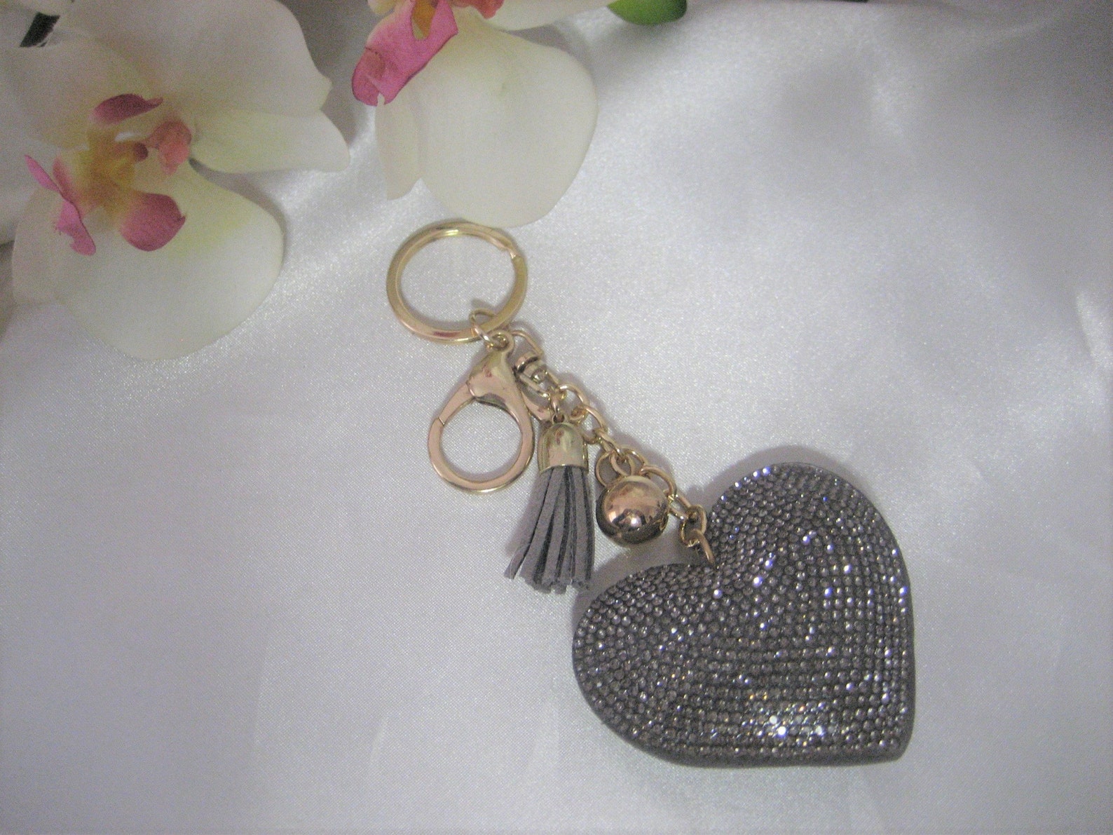 Gray Rhinestone Heart Keychain Key Ring & Lobster clip | Etsy
