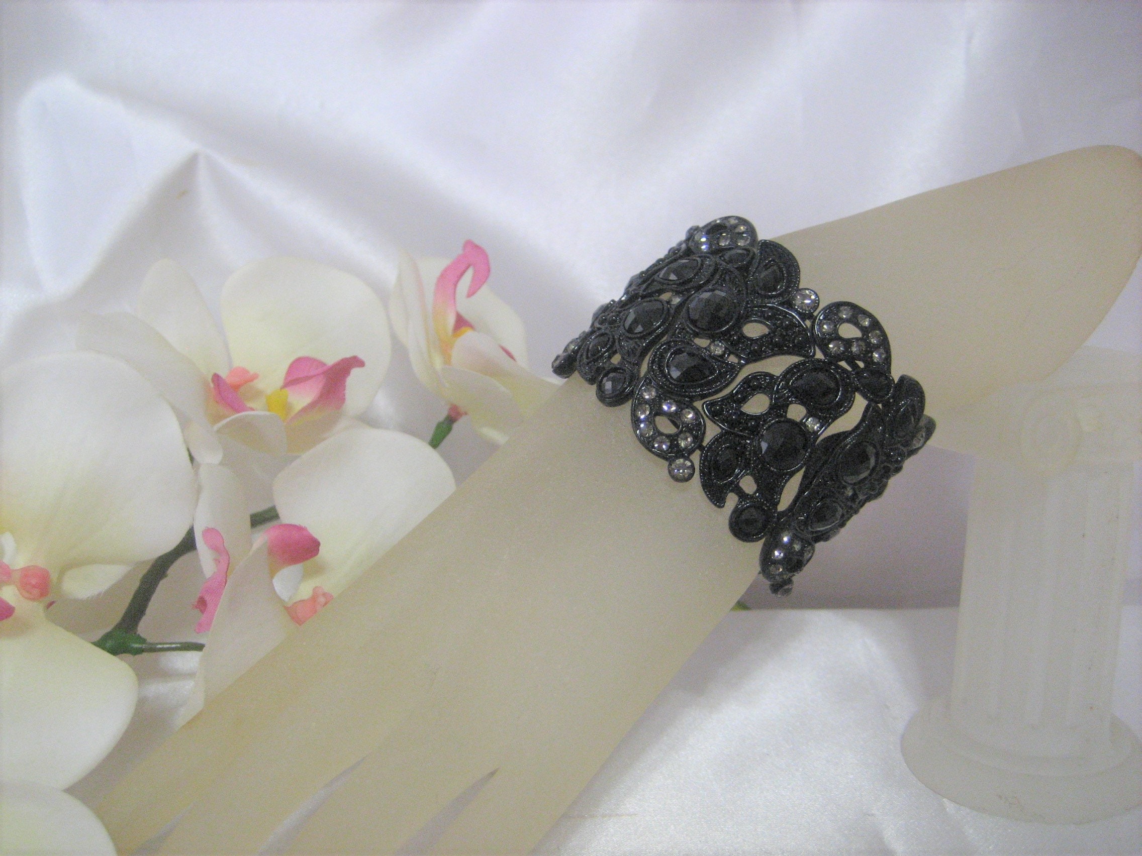 Jet Black Beaded Rhinestone Cuff Bracelet: Prom Wedding Accessory - Etsy