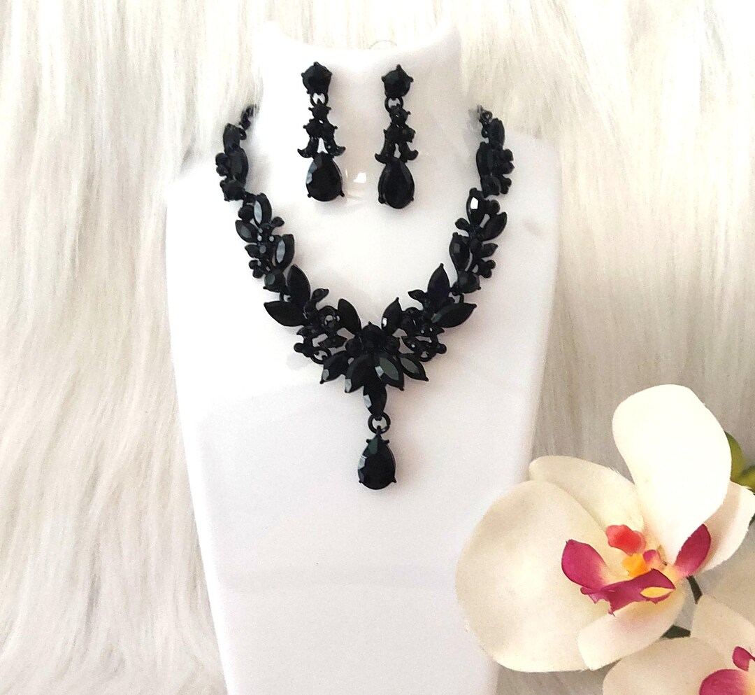 Jet Black Rhinestone Tear Drop Necklace Earrings Set, Wedding Bridal ...