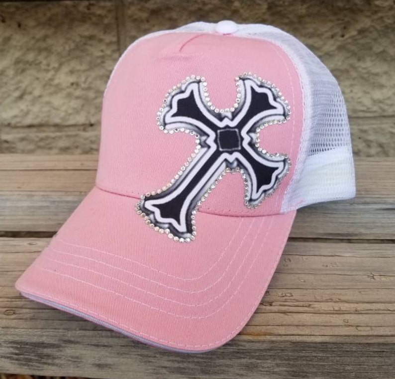 Pink and White Cross Hat, Bling Cross Hat, Pink and White Mesh Trucker ...