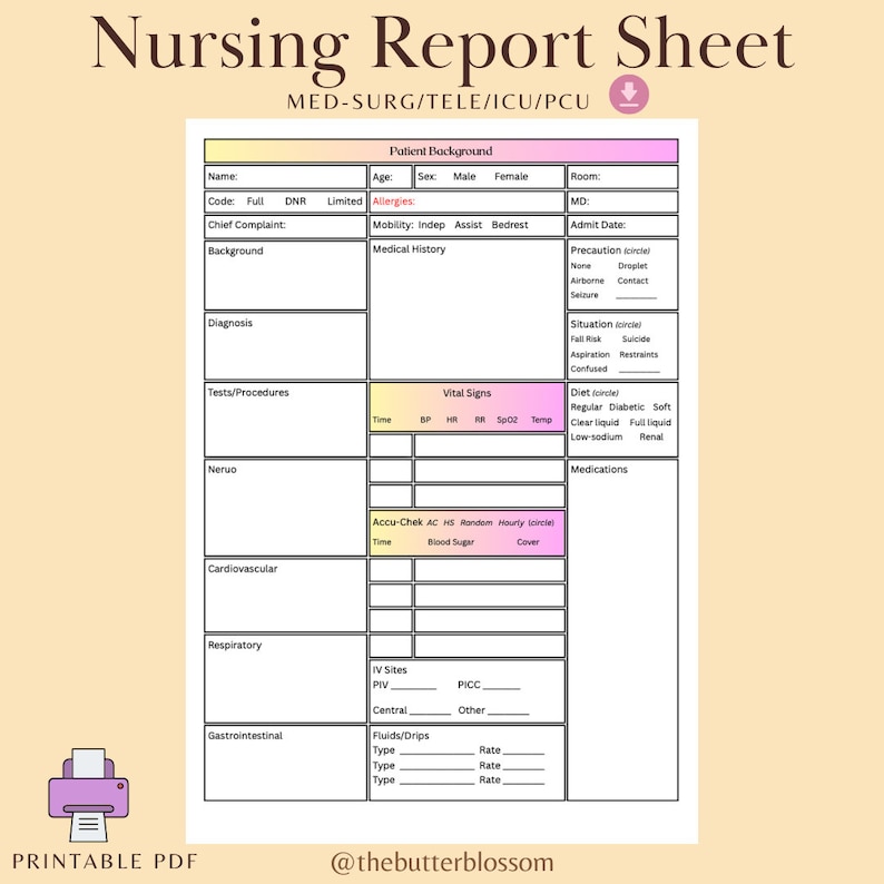 Nursing Report Sheet Med Surg Tele, Nursing Brain With Med & Task List ...