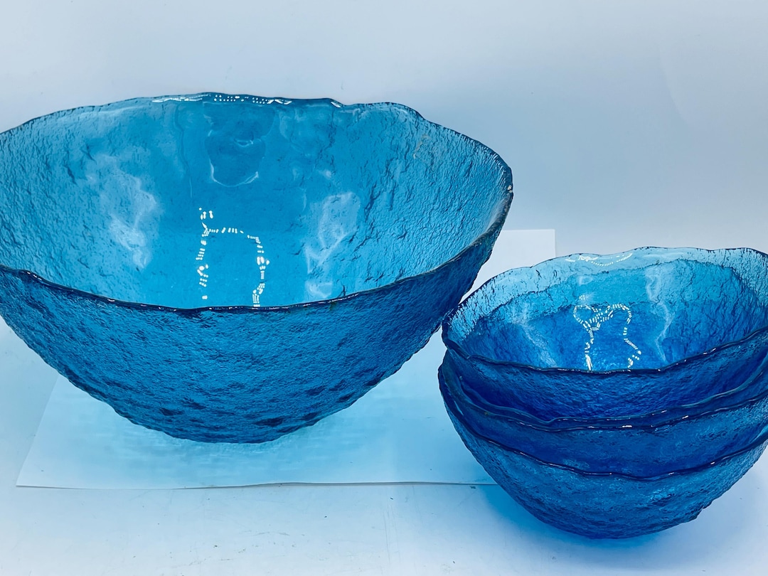 Laura Glass Works Rustico Teal Blue Large Serving Salad Bowl and 4 ...