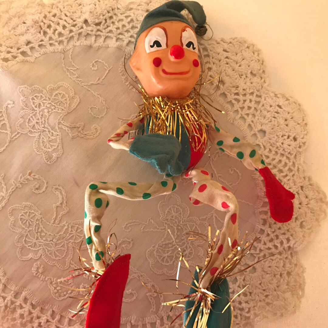 Vintage Bendable Clown Felt and Vinyl Christmas Ornament Red and Green ...