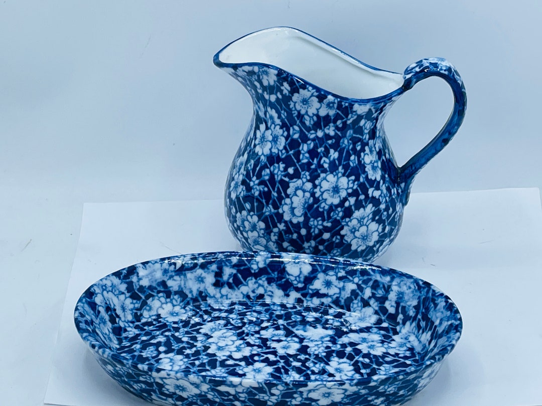 Vintage Victoria Ware Ironstone Pitcher and Dish Flow Blue Calico ...
