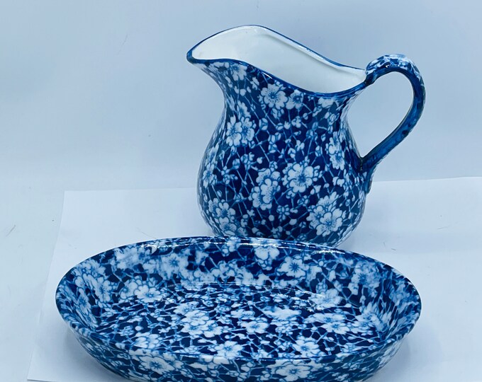 Vintage Victoria Ware Ironstone Pitcher and Dish Flow Blue Calico ...