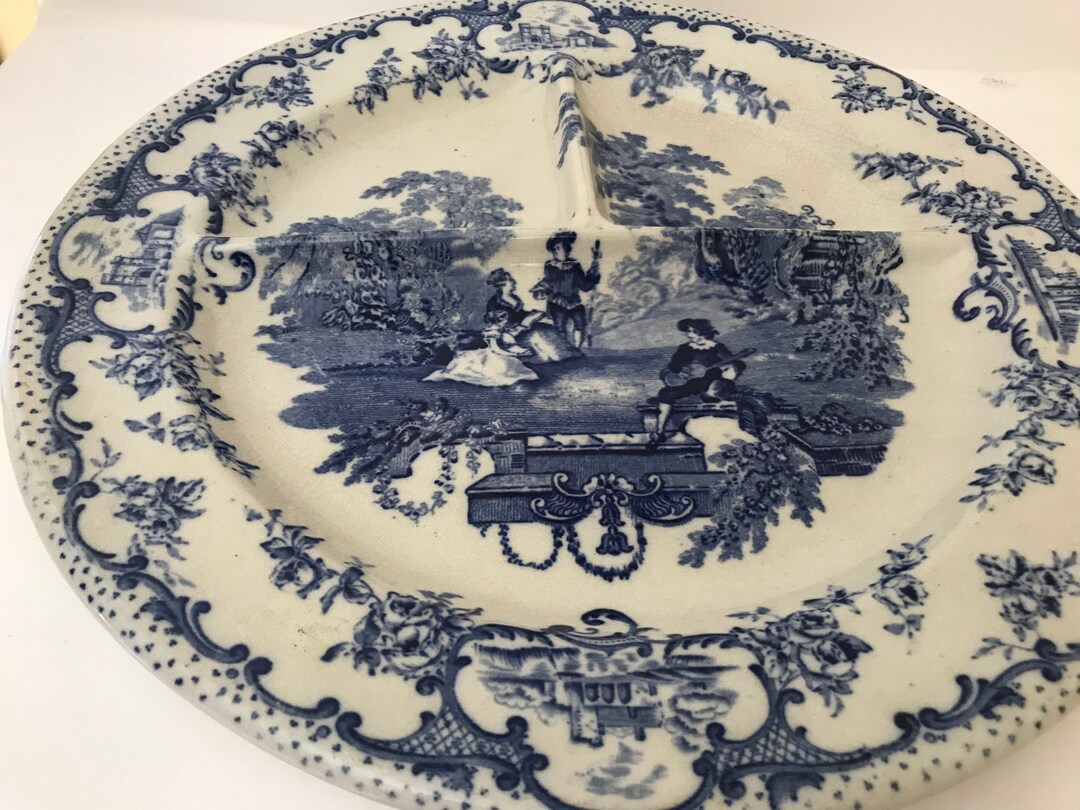 RARE Antique 13" Large Blue and White Courting Couple Pattern Flow Blue ...