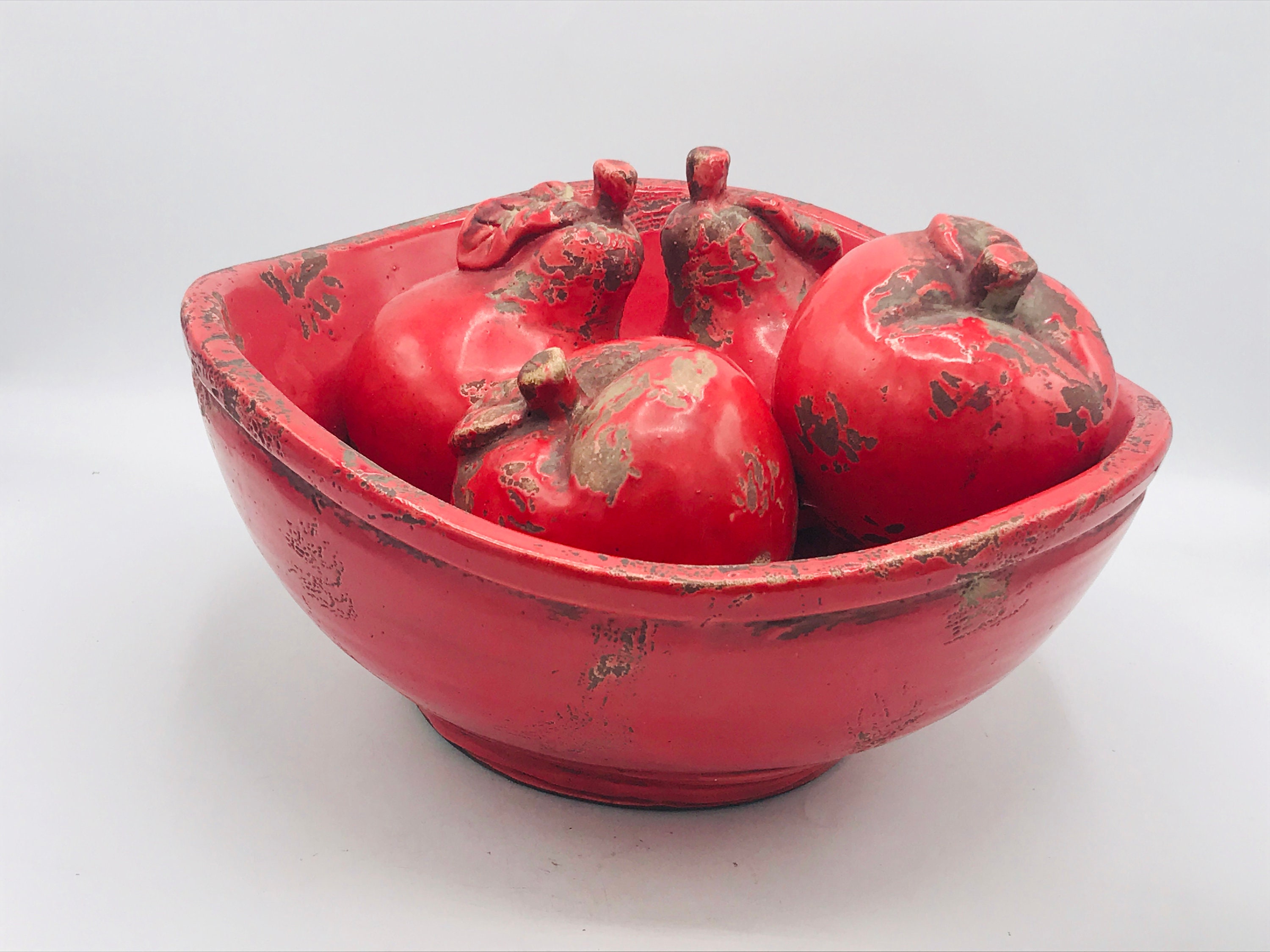 Vintage Large Red Hand Crafted Pottery Fruit Bowl Centerpiece | Etsy