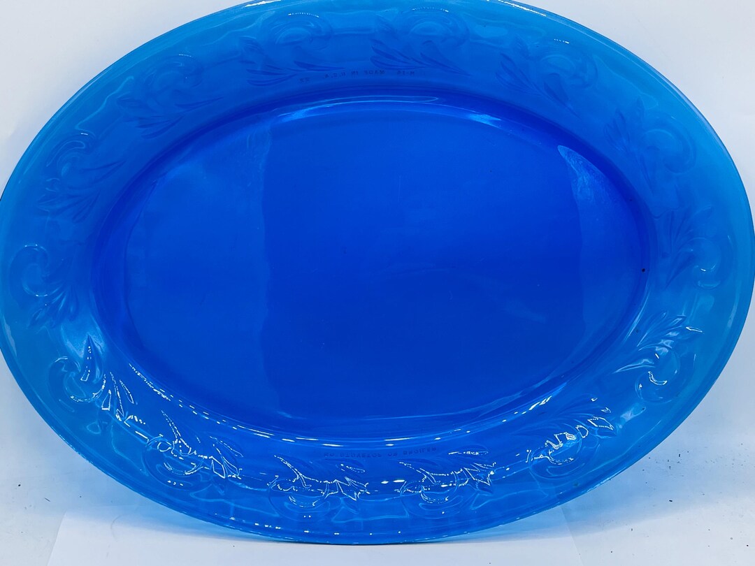 Serving Platter Made in the USA Vintage Clear Blue Glass Platter, Oval ...