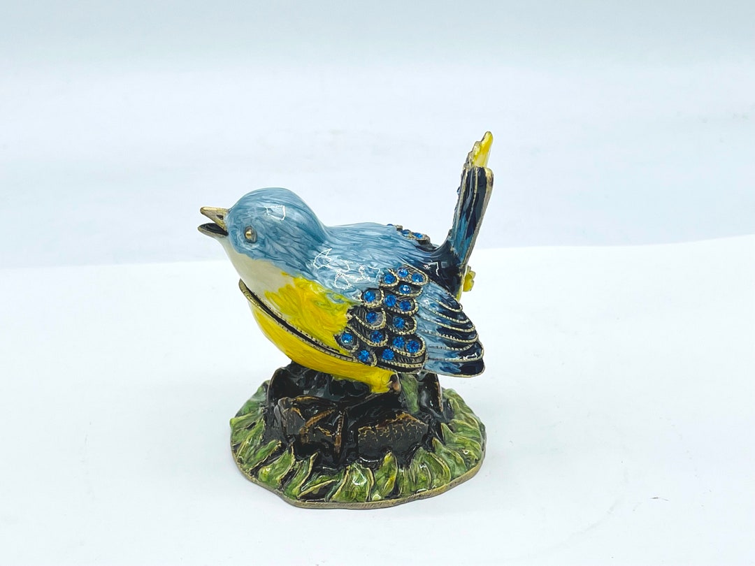 Bird Vintage Jewelry Trinket Box With Hinged Lid Enamel Jeweled Crystal ...