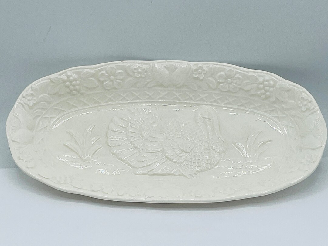 Vintage White Embossed Ceramic Turkey Tray Japan Thanksgiving ...