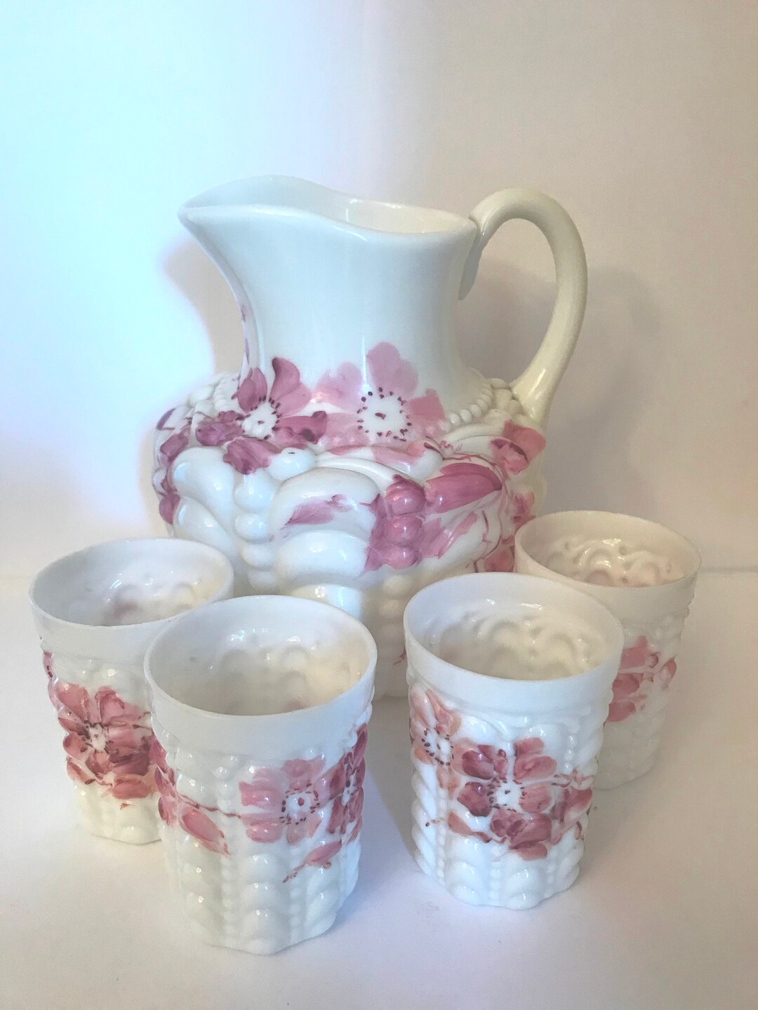 Antique 1895 Milk Glass Water Pitcher Set Hand Painted Set Pitcher and ...