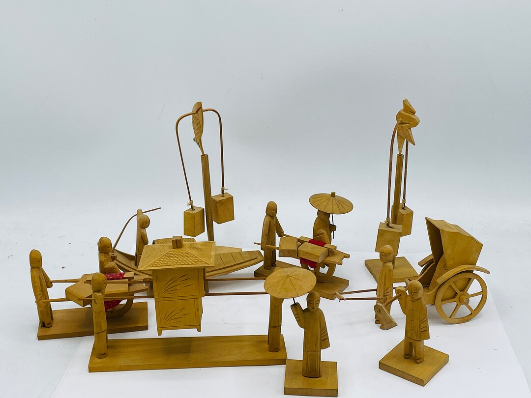 Vintage Lot (9) Hand Carved Wooden Miniature Asian Figures Boats ...