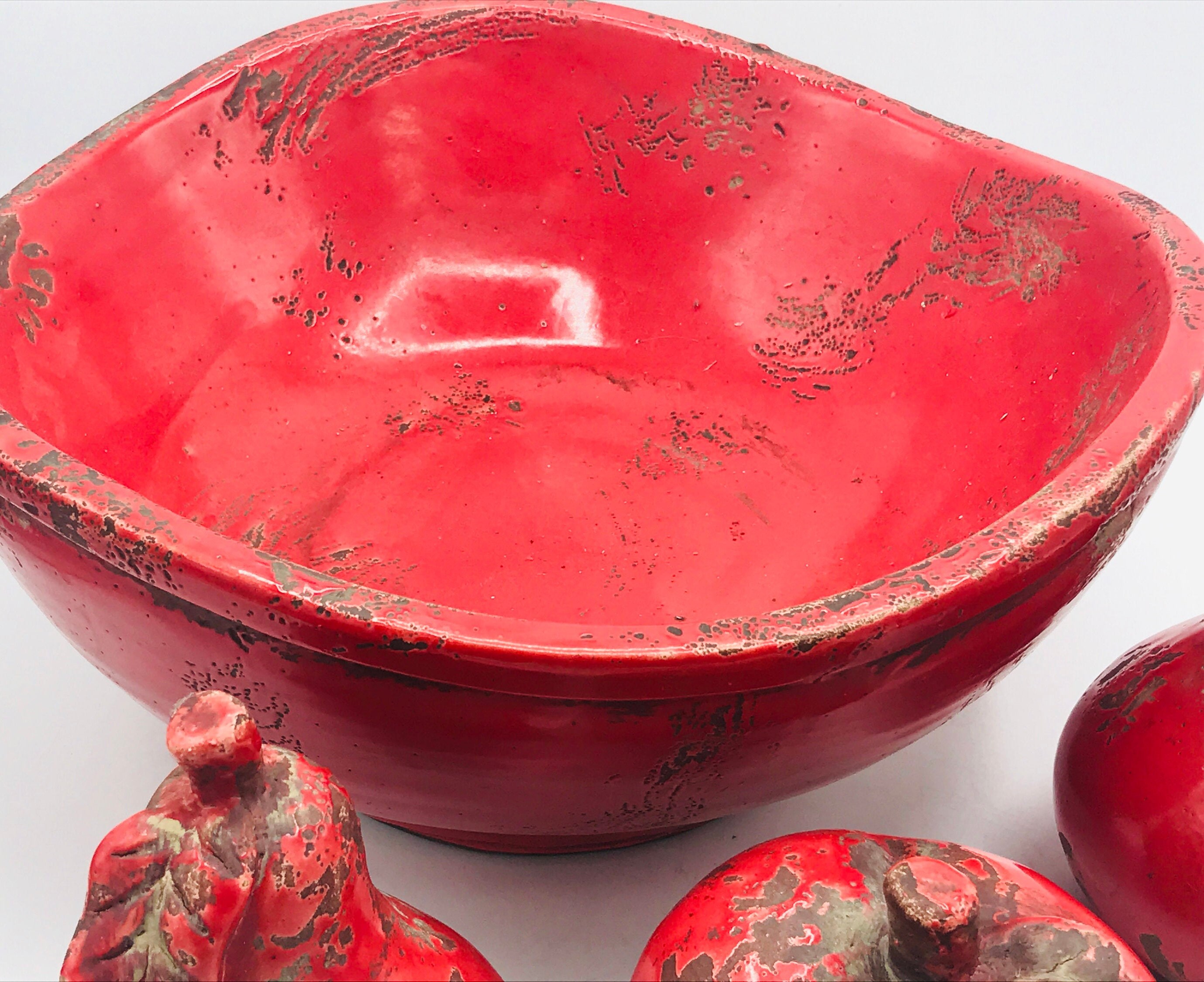 Vintage Large Red Hand Crafted Pottery Fruit Bowl Centerpiece | Etsy