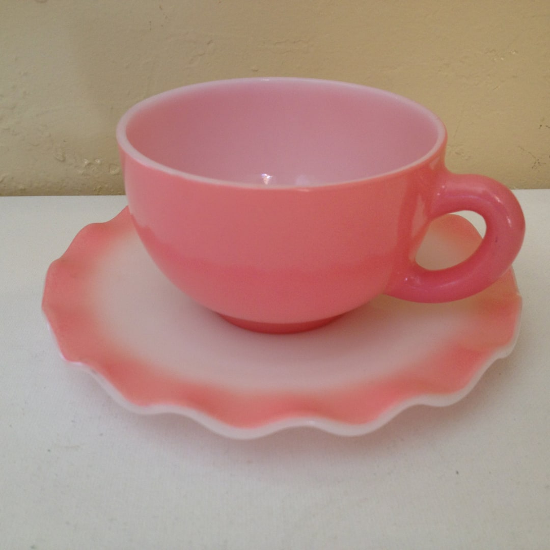 Vintage Hazel Atlas Pink Tea Cups and Crinoline Ruffled Saucer-nice ...