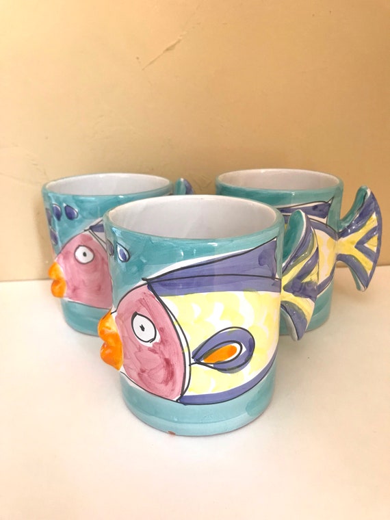 Set of 3 Vintage Kissing Fish Mugs With Fin Handle Bright | Etsy