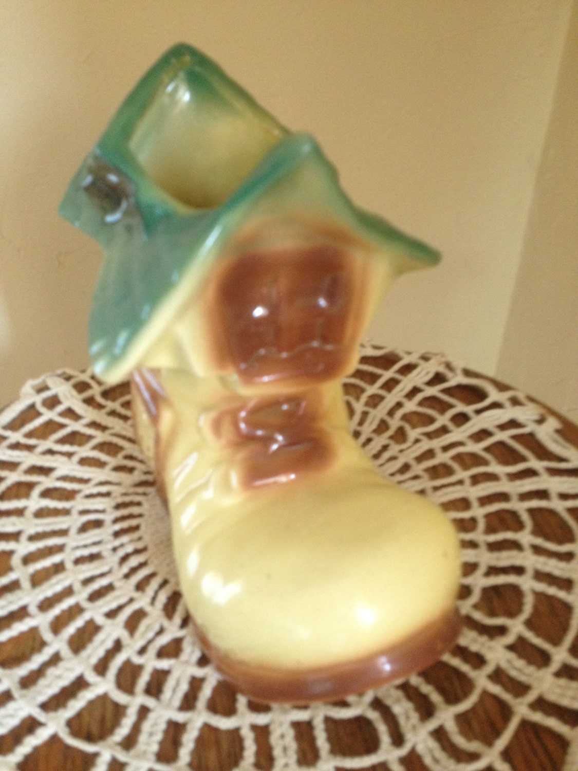 Vintage "old Women in A Shoe" Planter or Vase Yellow, Brown Trim and ...