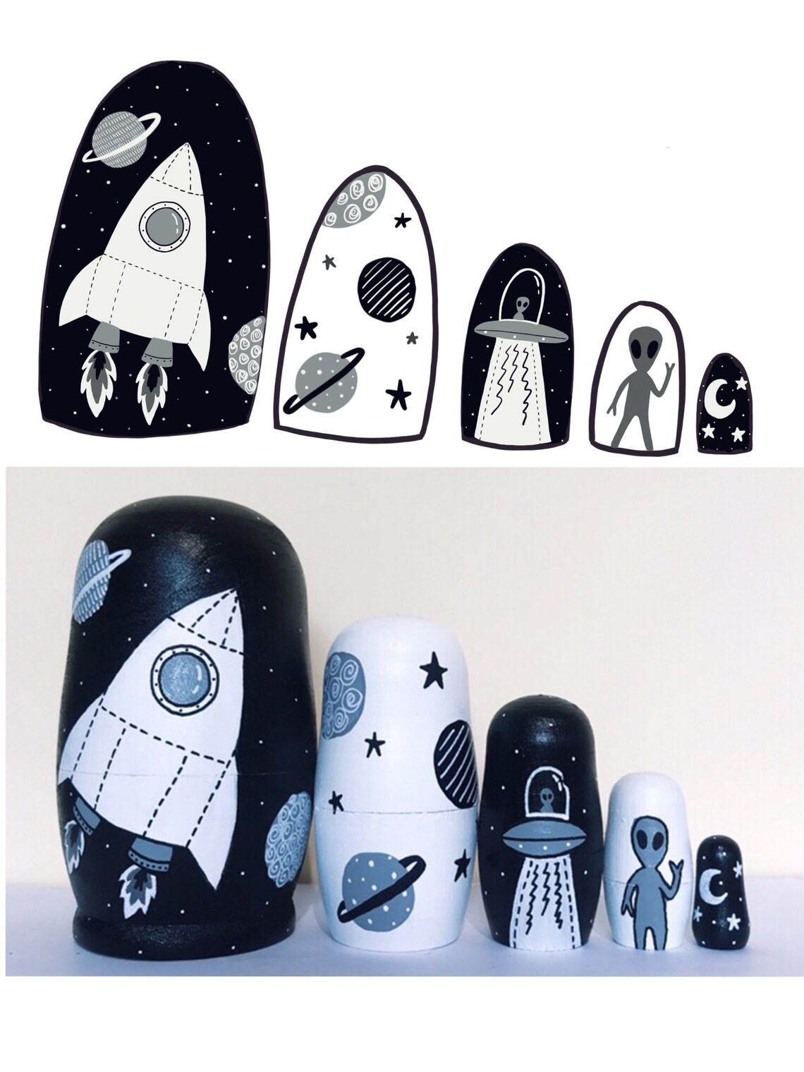 Monochrome space nesting dolls black and white rocket Russian | Etsy