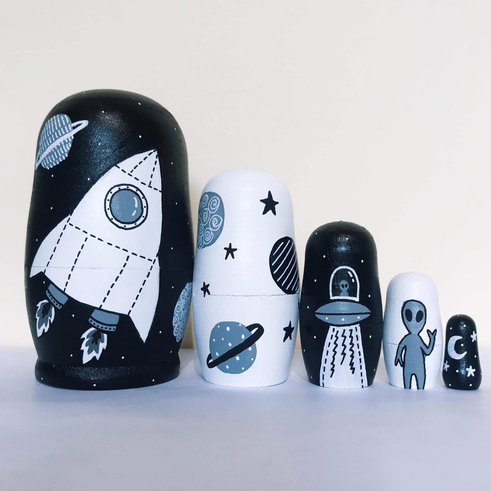 Monochrome space nesting dolls black and white rocket Russian | Etsy