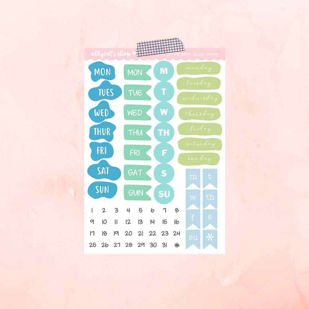 Blue/ Green Days of the Week Journal Set - Planner Stickers, Journaling ...