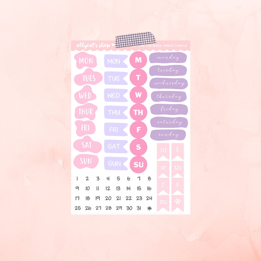 Pink/ Purple Days of the Week Journal Set Planner Stickers, Journaling ...