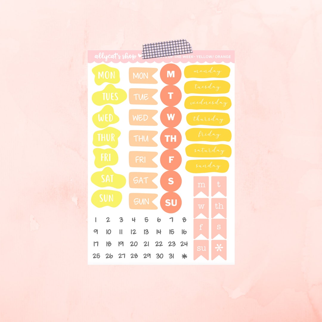 Yellow/orange Days of the Week Journal Set Planner Stickers, Journaling ...