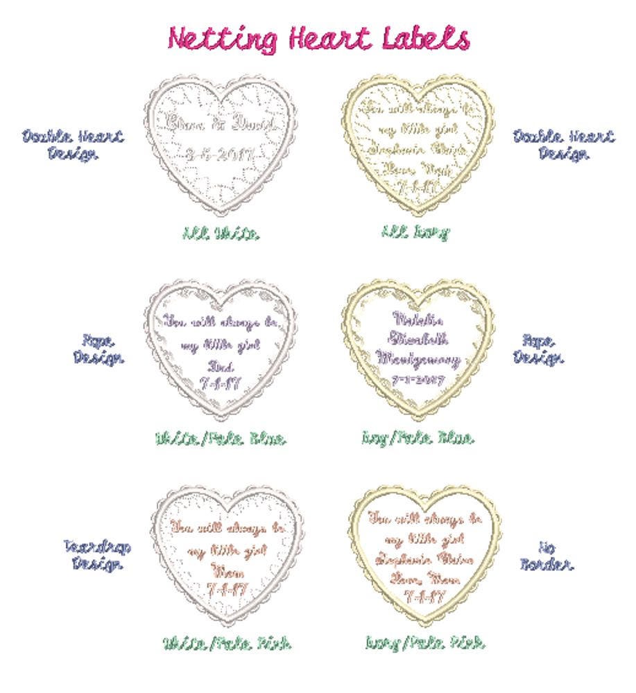 NETTING WEDDING Label, Heart Shape, Embroidered, Choice of Lettering ...