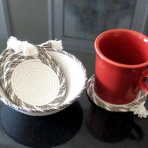 ROPE COASTER SET of 4 & Matching Bowl, Natural Rope, Tan/black Check ...