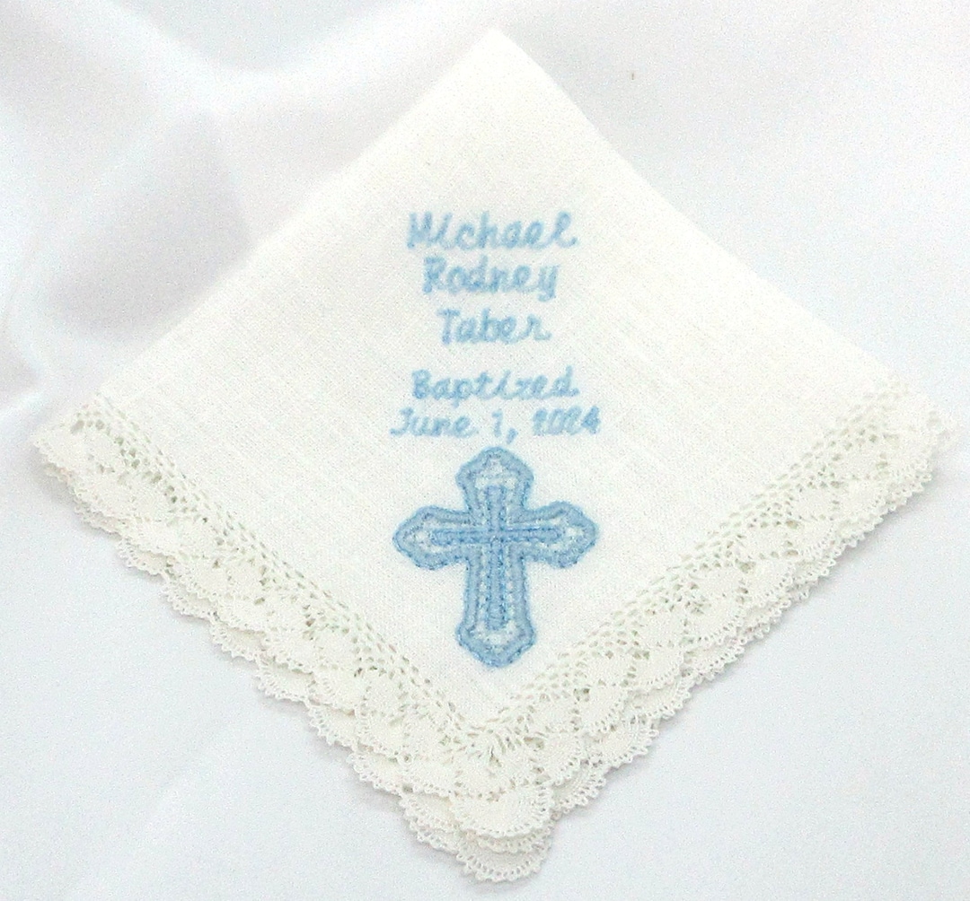 LINEN BAPTISM HANDKERCHIEF, Christening, Confirmation, Personalized ...