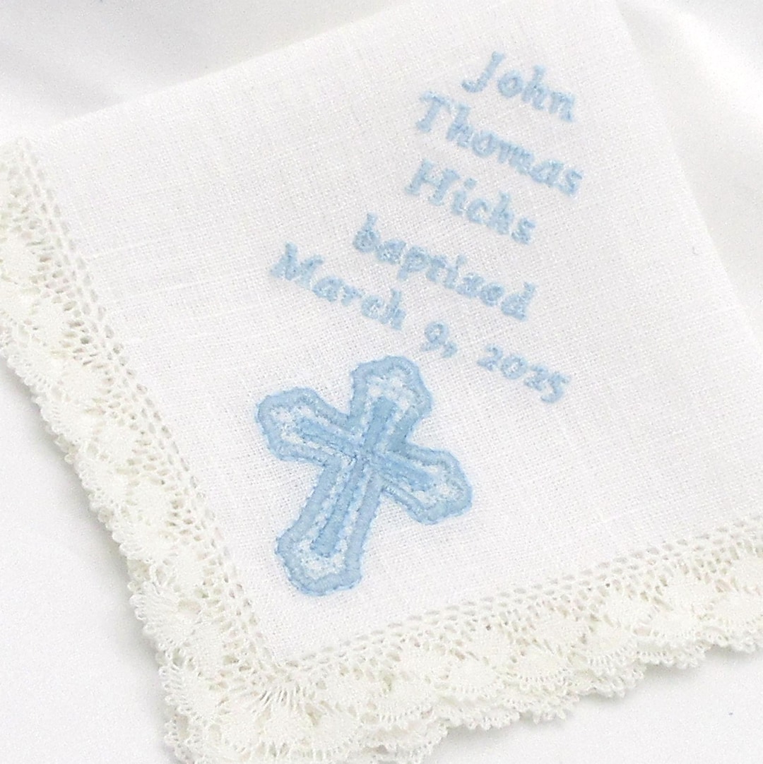 LINEN BAPTISM HANDKERCHIEF, Christening, Confirmation, Personalized ...