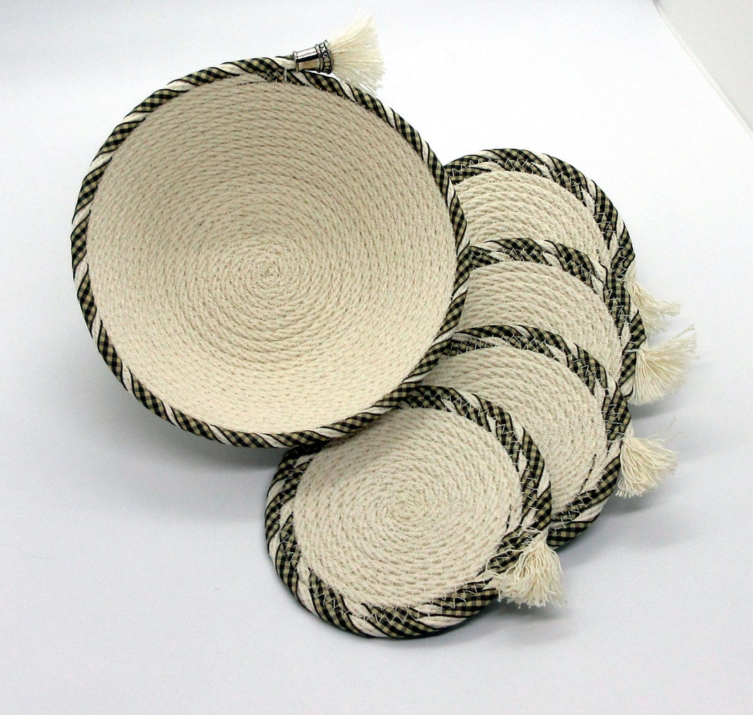 ROPE COASTER SET of 4 & Matching Bowl, Natural Rope, Tan/black Check ...