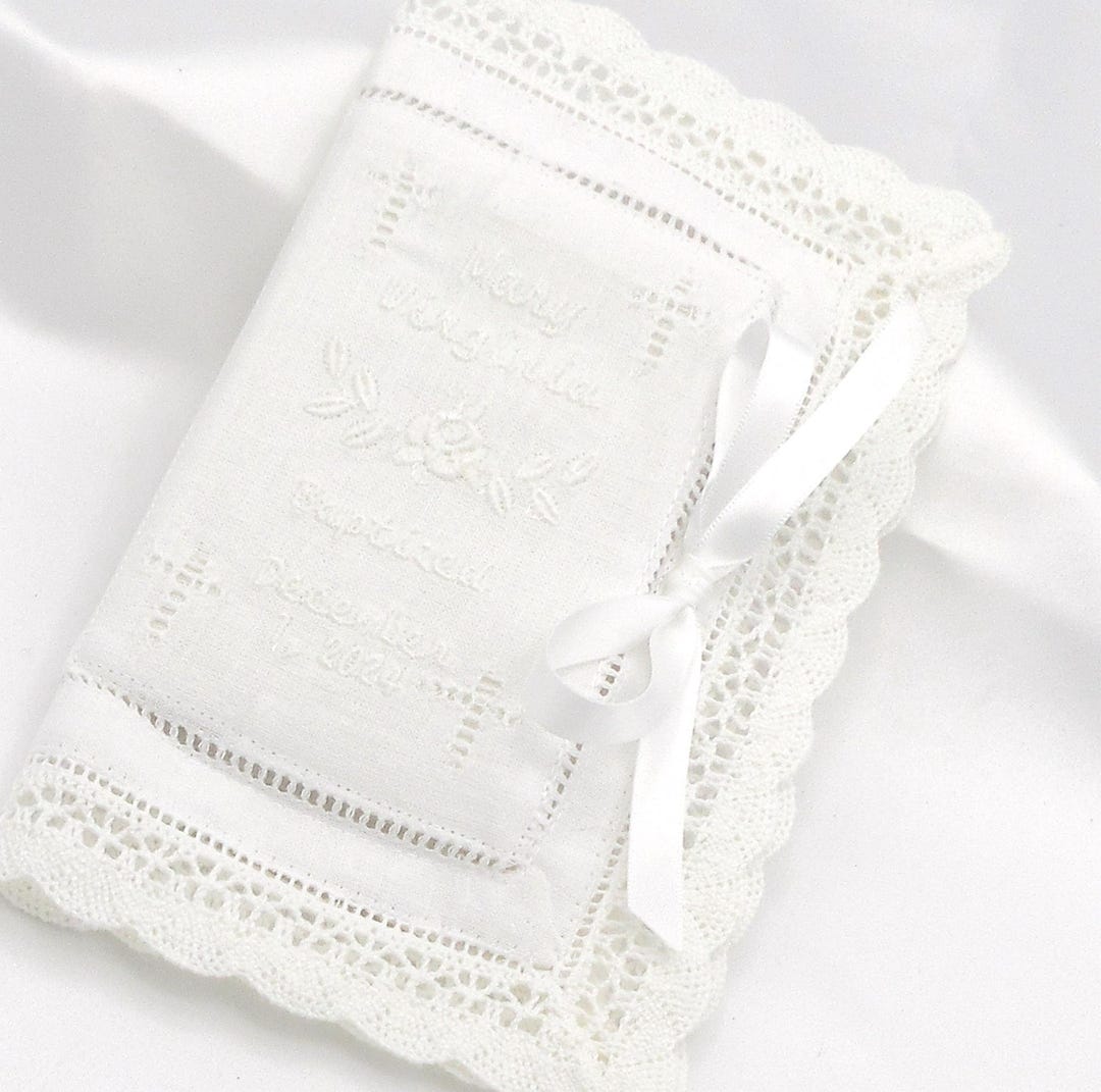 MONOGRAMMED LINEN & LACE Bible Cover, Hemstitched, Entredeux Trim, Baby ...