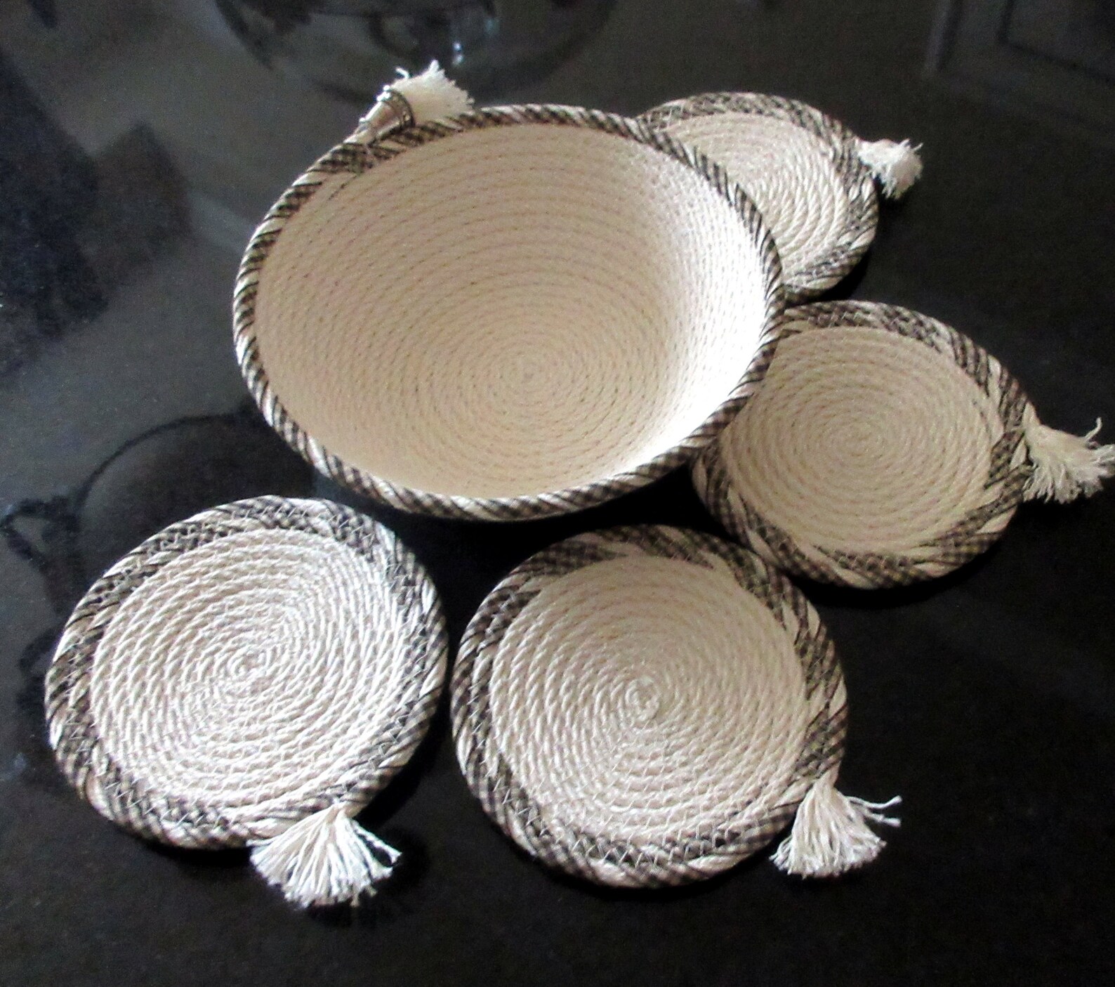 ROPE COASTER SET of 4 & Matching Bowl, Natural Rope, Tan/black Check ...