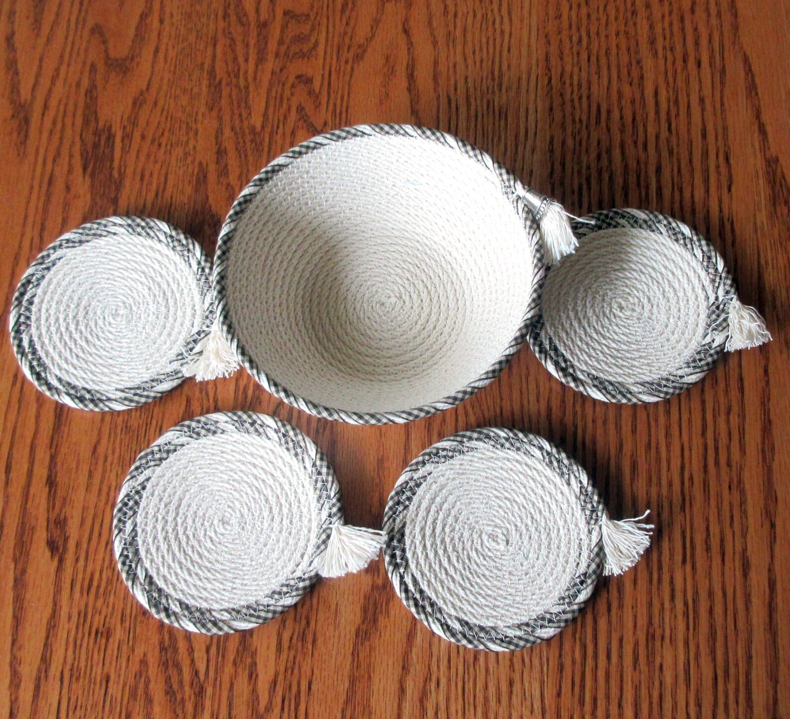 ROPE COASTER SET of 4 & Matching Bowl, Natural Rope, Tan/black Check ...