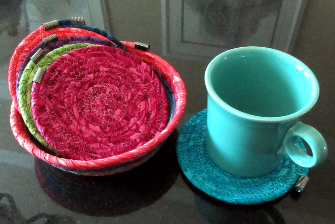 ROPE COASTER SET of 6 & Matching Bowl, Tropical Rainbow Colors, Cotton ...