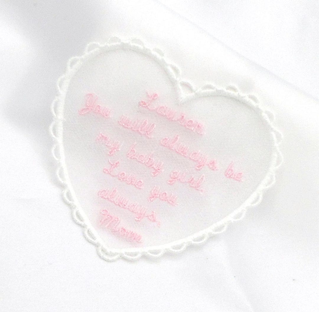 NETTING WEDDING Label, Heart Shape, Embroidered, Choice of Lettering ...