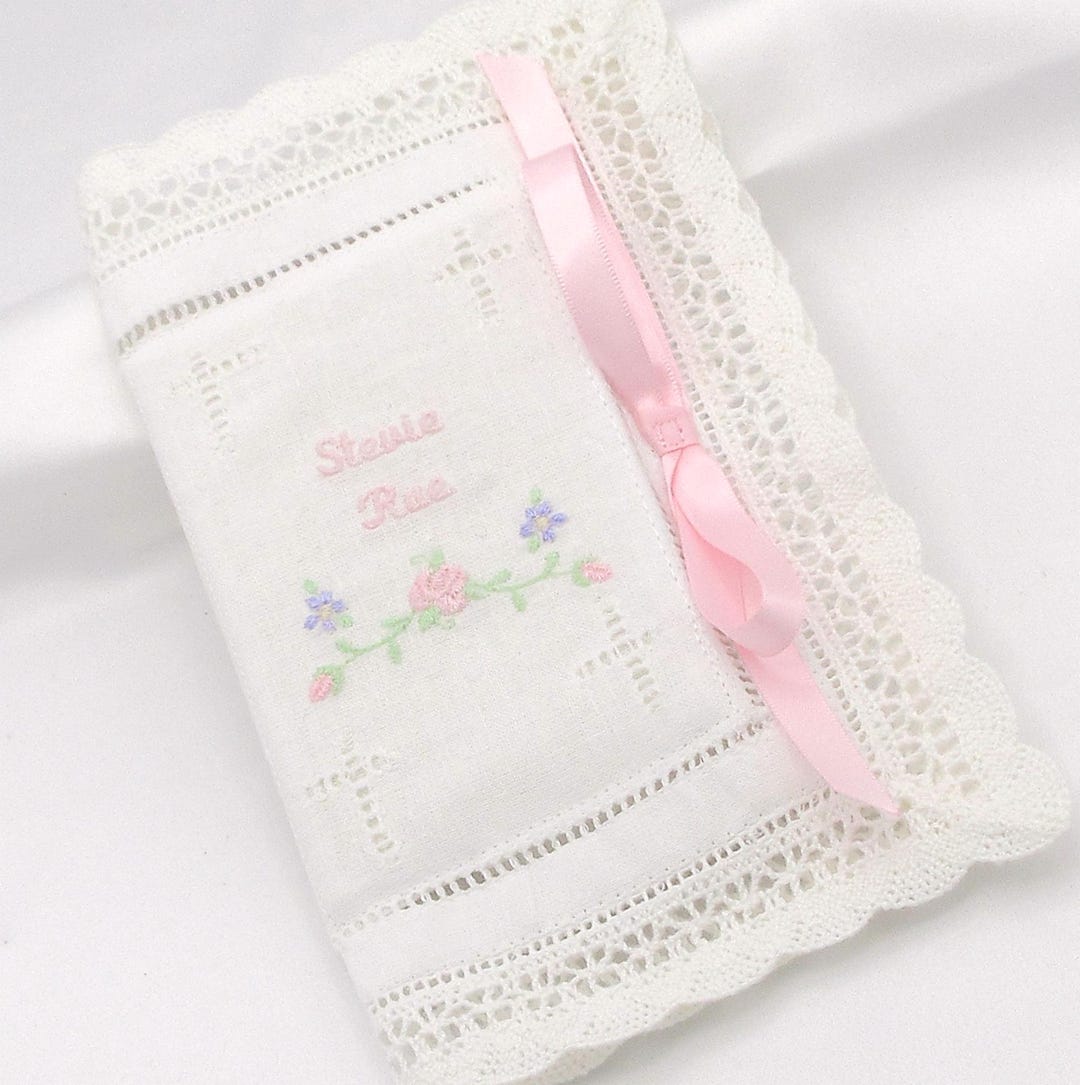 MONOGRAMMED LINEN & LACE Bible Cover, Hemstitched, Entredeux Trim, Baby ...