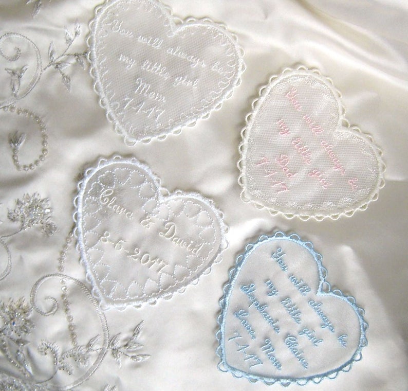 NETTING WEDDING Label, Heart Shape, Embroidered, Choice of Lettering ...