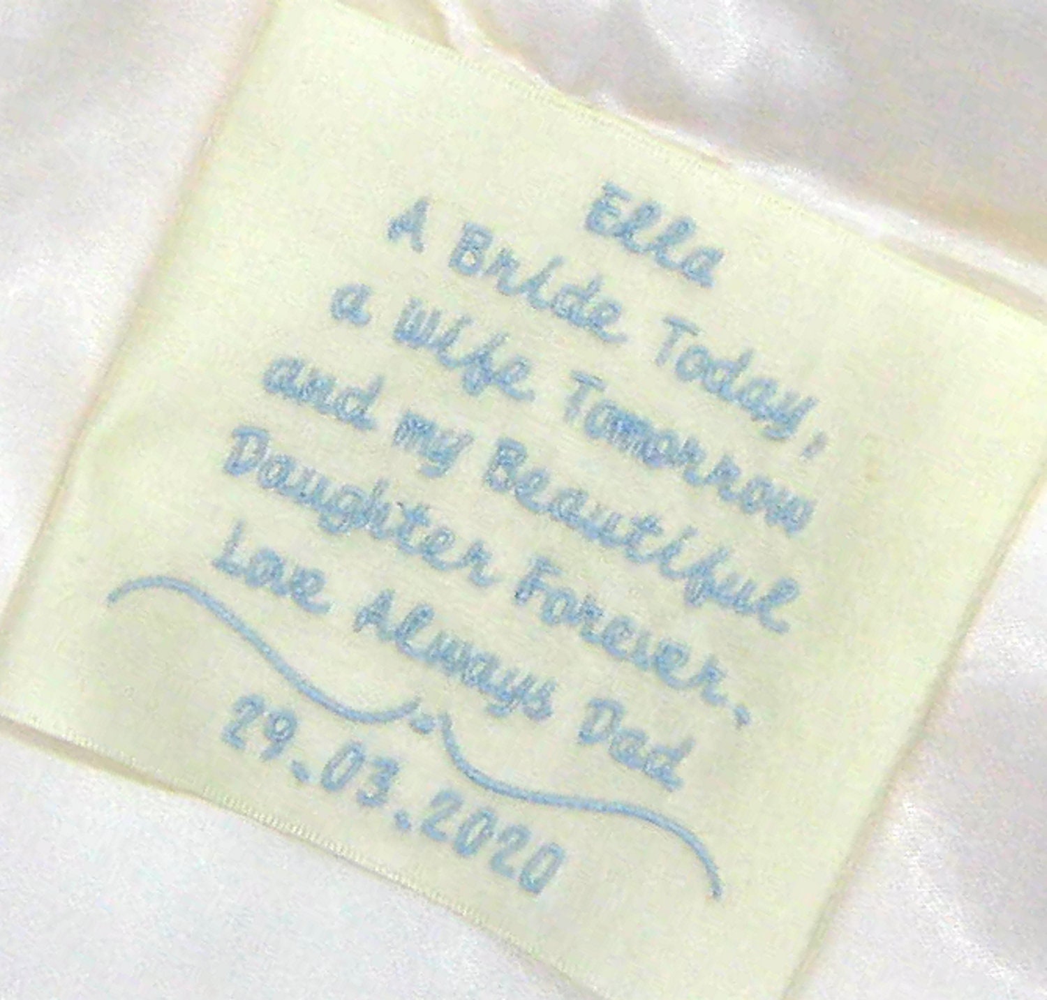 LG EMBROIDERED WEDDING Dress Label, 4x5”, Double Face Satin Polyester ...