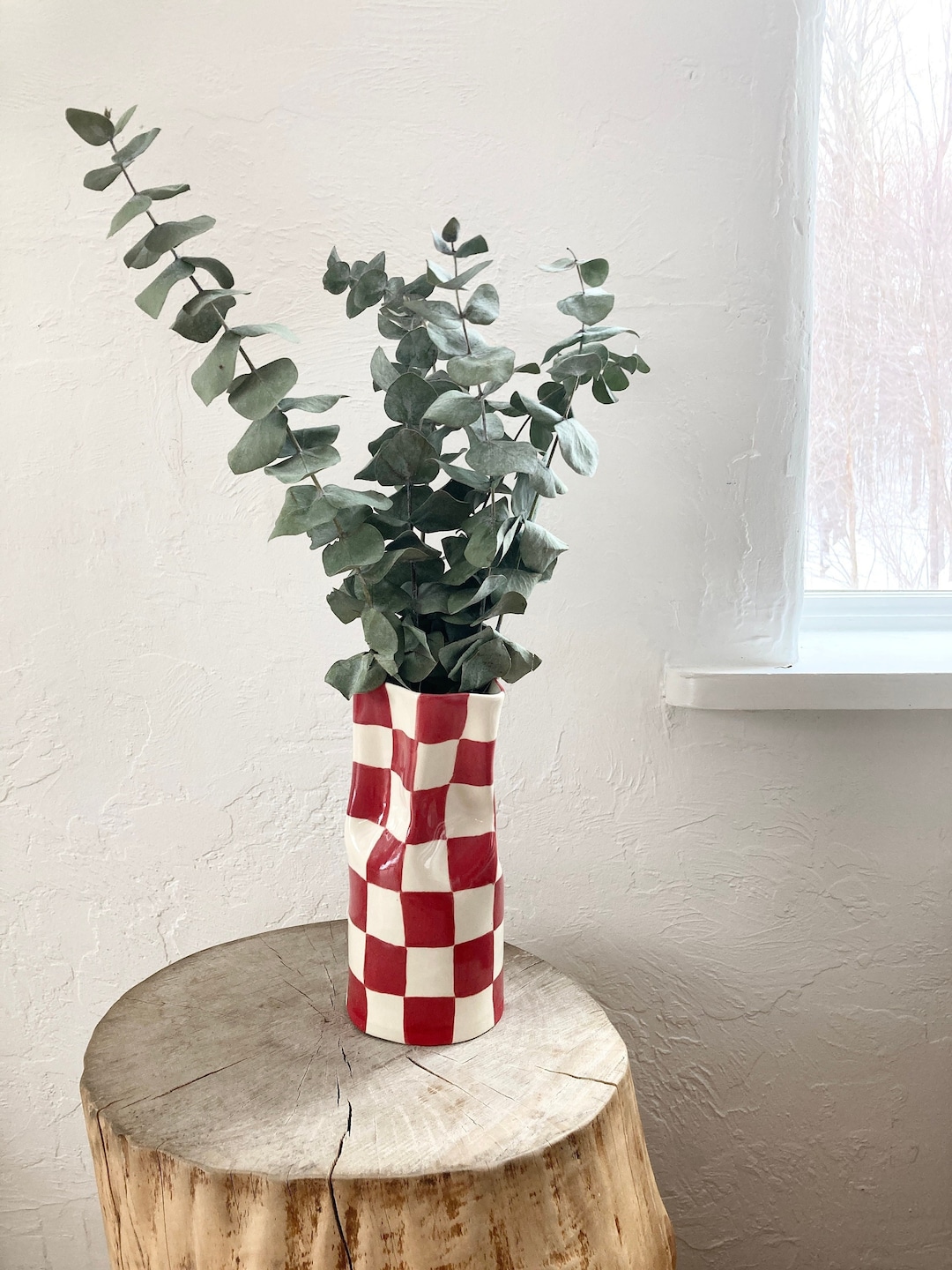 Red and White Ceramic Checkered Vase - Etsy