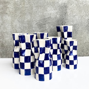Handmade Ceramic Vase With Blue Checkers - Etsy