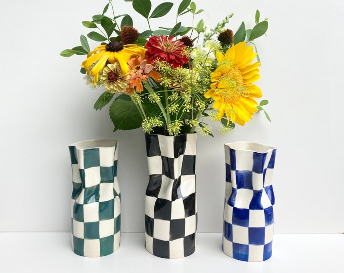 Black Ceramic Vase With Blue Checkers / Checkered Ceramic Vase - Etsy