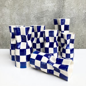 Handmade Ceramic Vase With Blue Checkers - Etsy